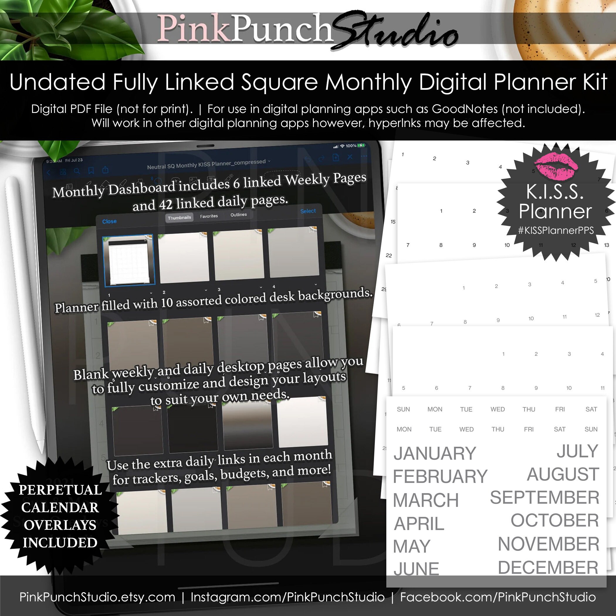 Neutral Square Monthly KISS Planner PPS Undated Digital - Etsy