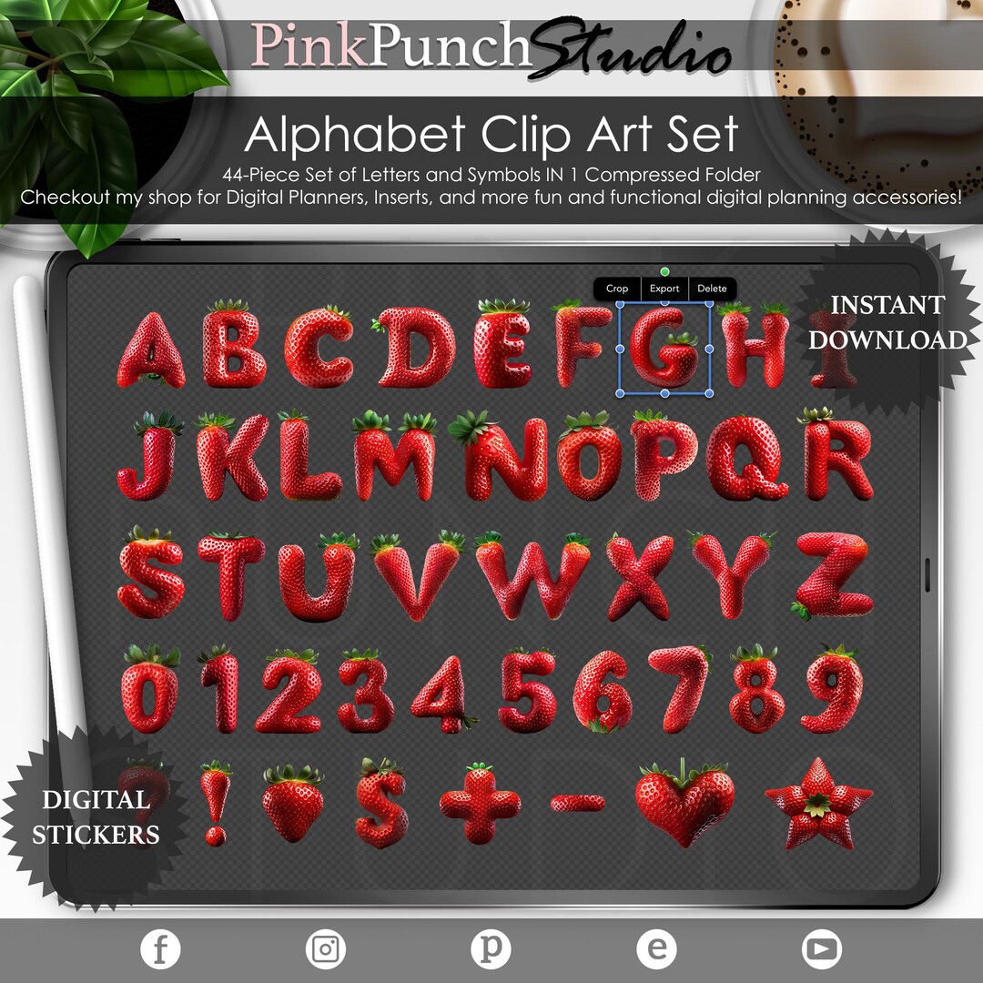 Strawberry Alphabet PNG Bundle: Digital Stickers, Numbers, Symbols ...