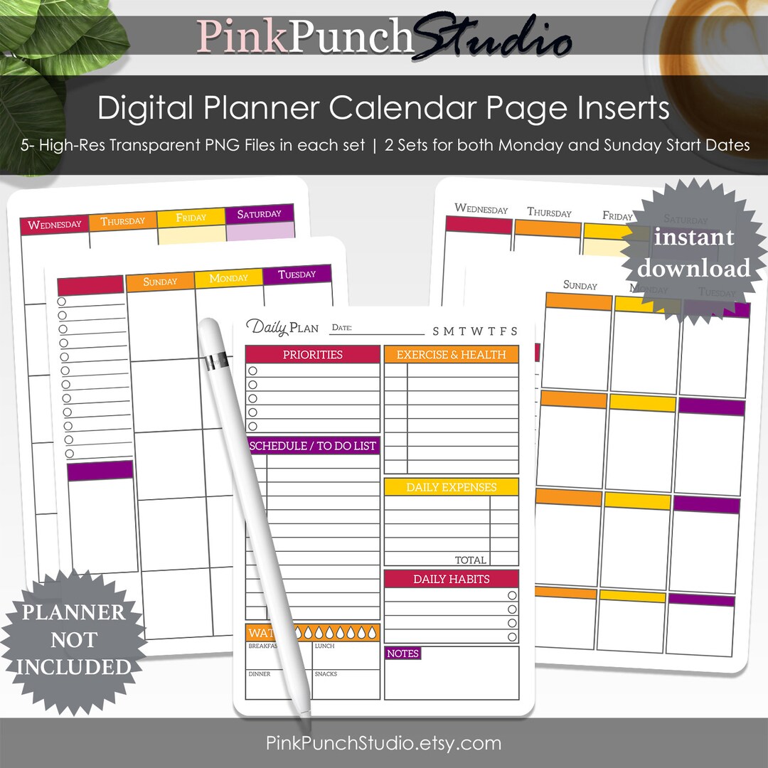 Digital Planner Calendar Page Inserts Transparent PNG Files Build Your ...