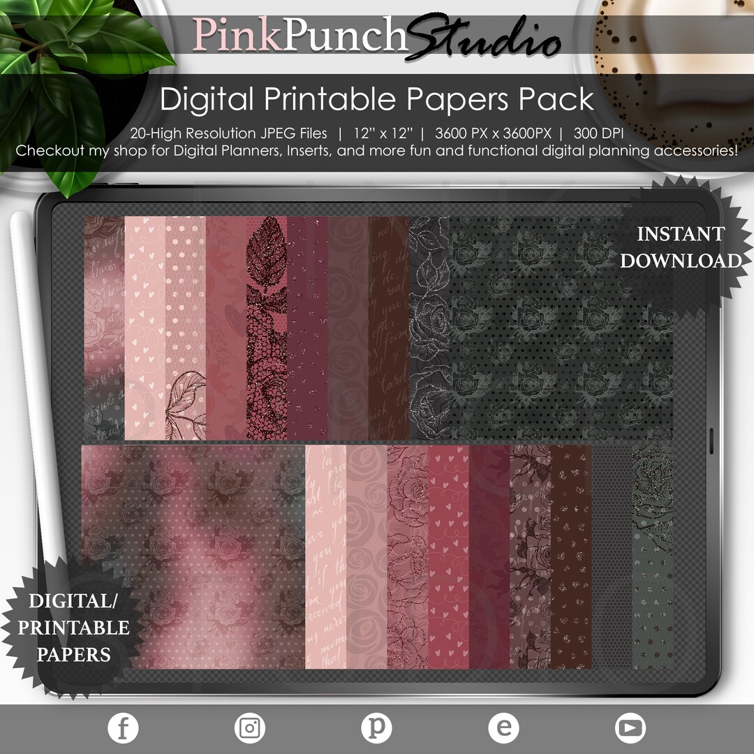 Love Spell Gothic Valentine Black and Pink Papers Pack JPEG Digital ...