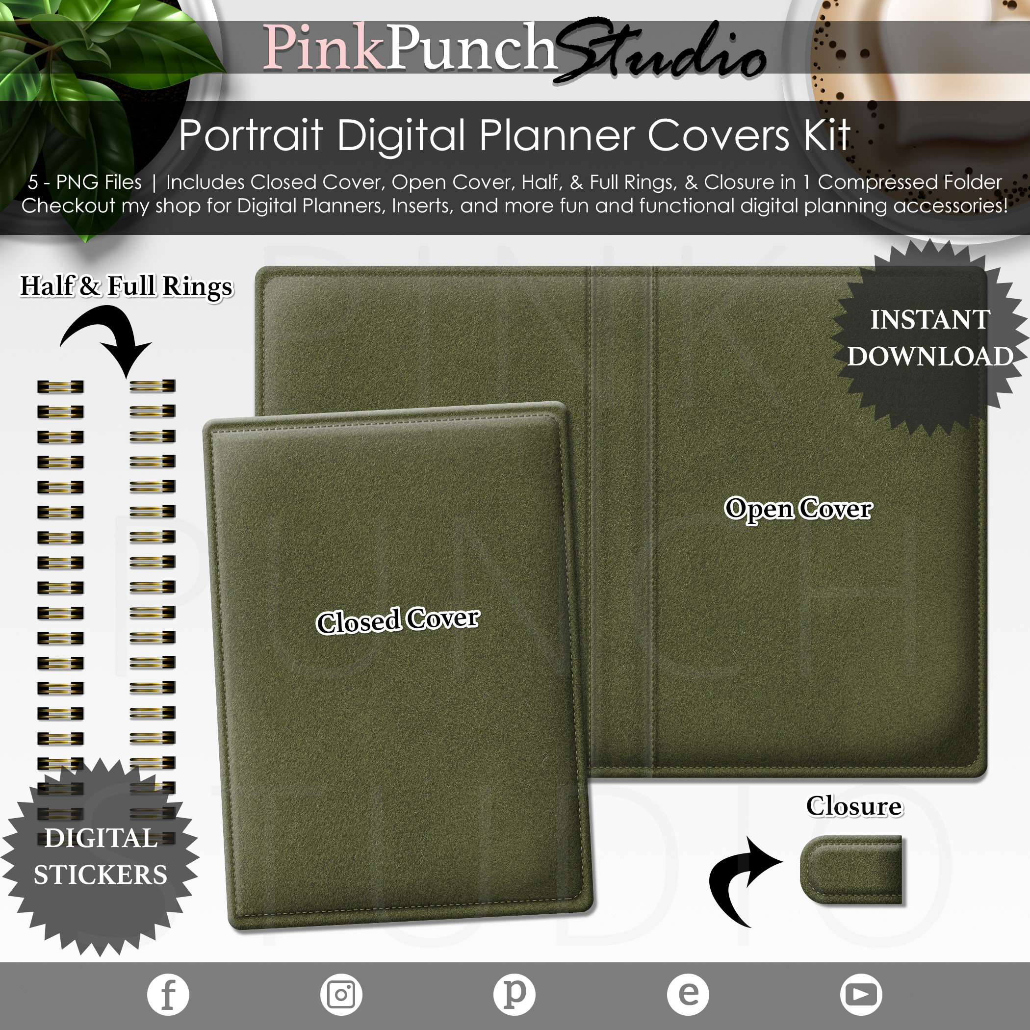 Olive Green Portrait Digital Planner Covers Kit Gold Spiral | Etsy