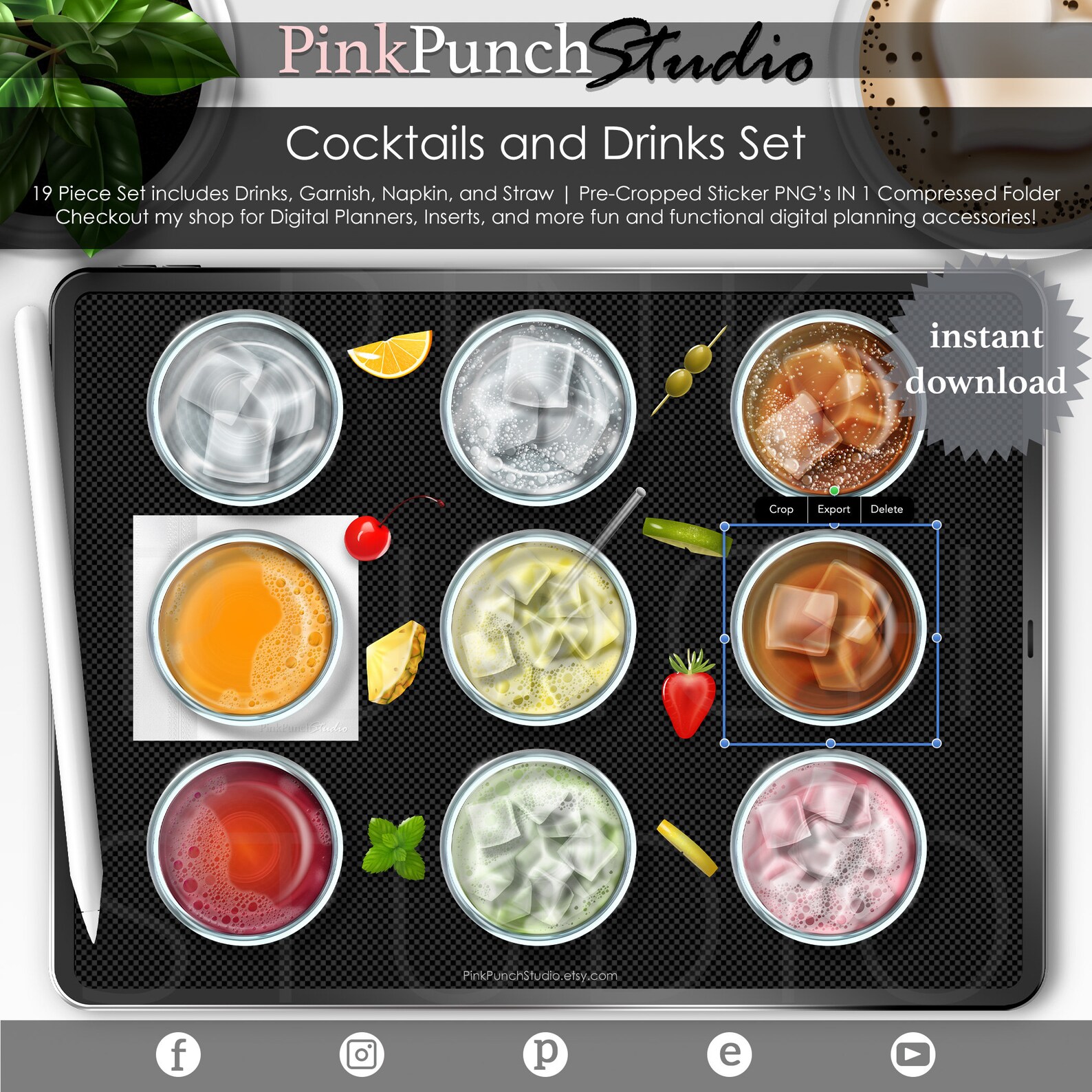 Cocktail and Drinks Top View Cups Glasses Set Digital Planner | Etsy