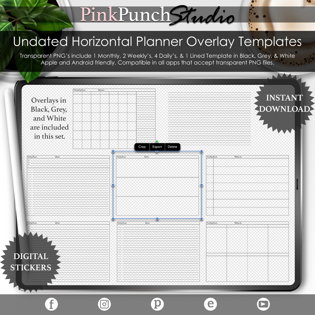 Undated Horizontal Planner Calendar Page Inserts Digital PNG Printable ...