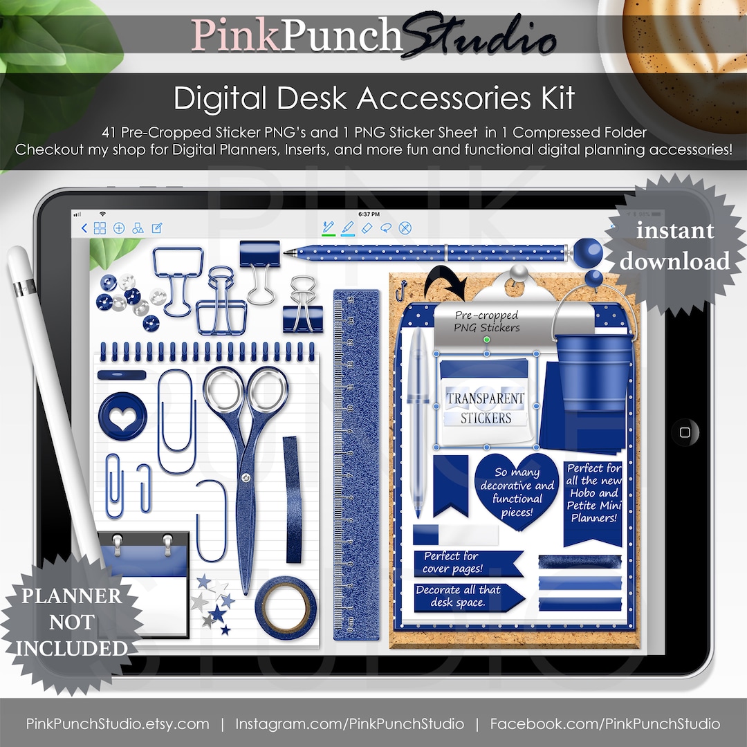 Dark Blue Desk Accessories Kit Digital Planner Precropped Transparent ...