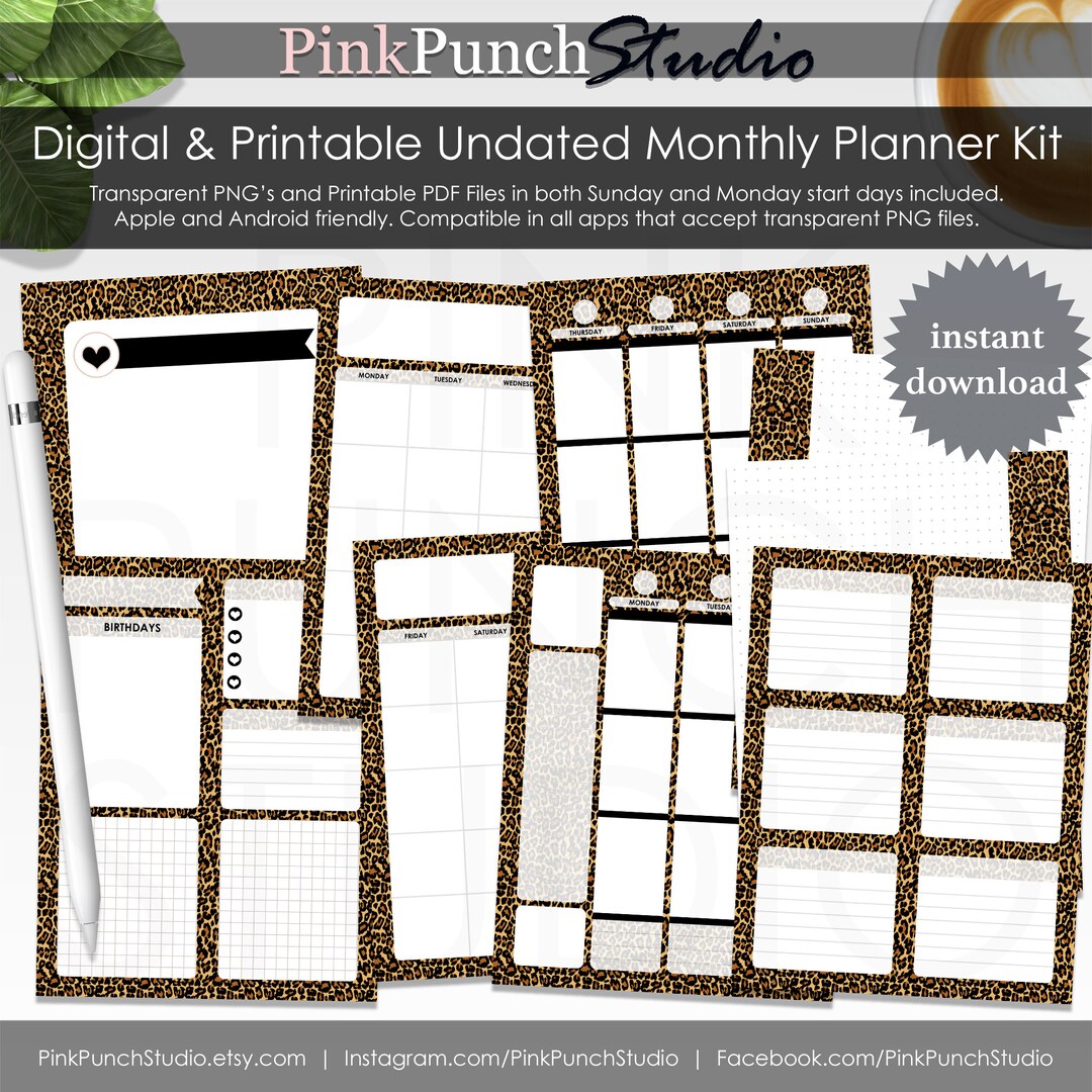 Leopard Planner Calendar Page Inserts Digital PNG and Printable PDF ...