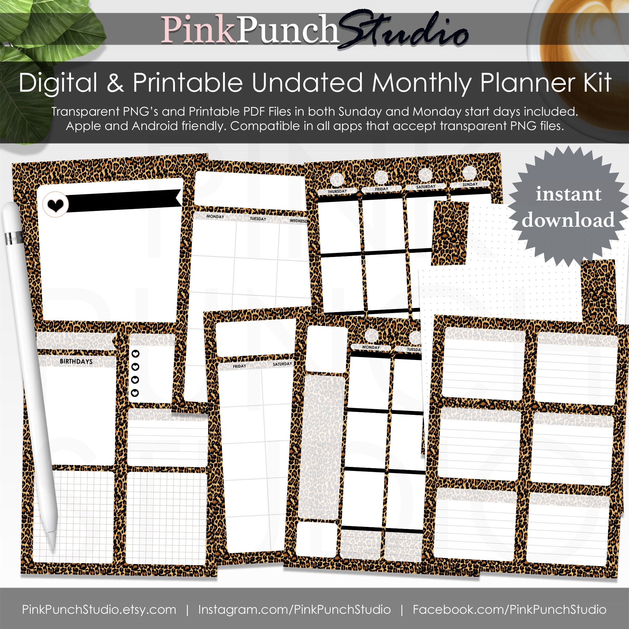 Leopard Planner Calendar Page Inserts Digital PNG and - Etsy