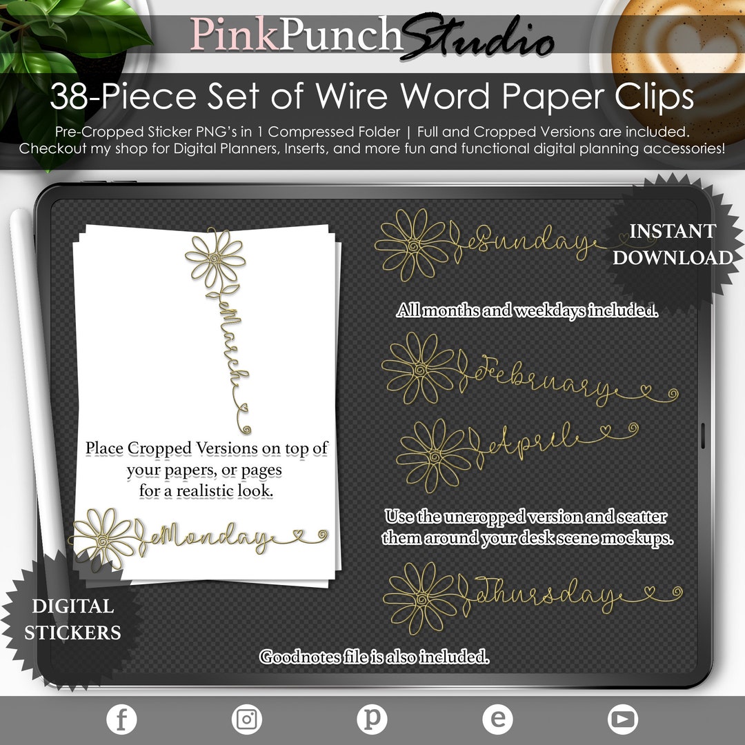 Gold Wire Months Weekdays Paper Clips Stickers Clipart PNG Scrapbooking ...