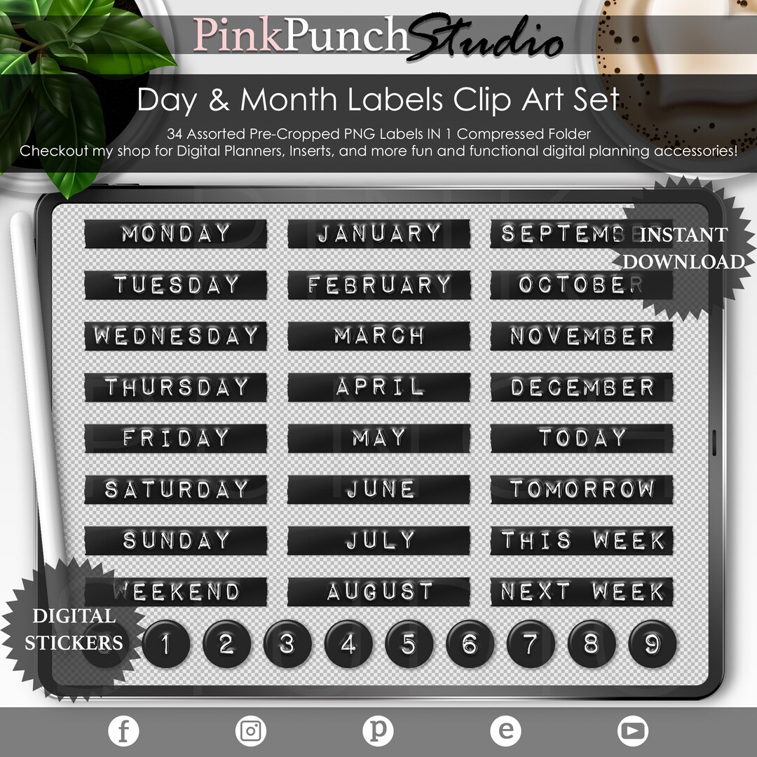 Black Day Month Date Label Sticker Kit Clip Art PNG Scrapbooking ...