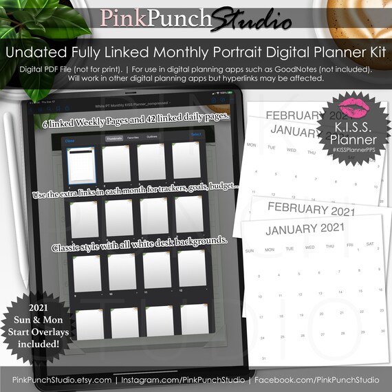White Monthly Portrait KISS Planner PPS Digital Planning Kit | Etsy