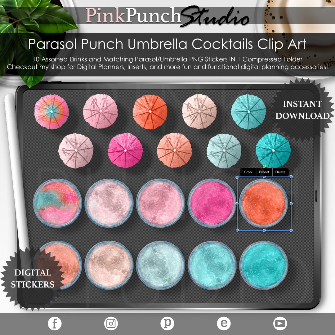 Flamingo Fever Teal Pink Parasol Punch Iced Drinks Set PNG Stickers ...