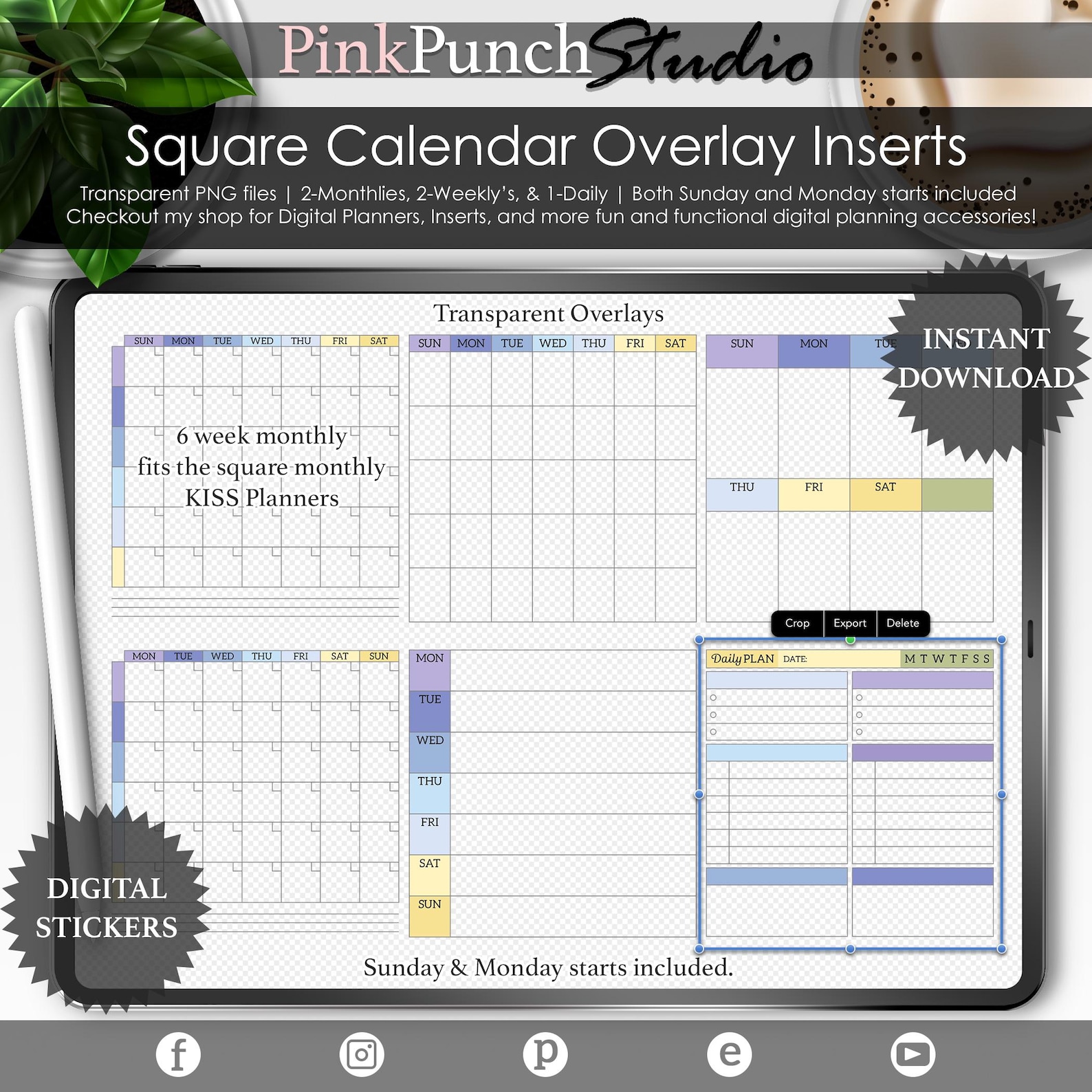 Forget Me Not Square Calendar Overlays: Undated Monthly Weekly Daily ...