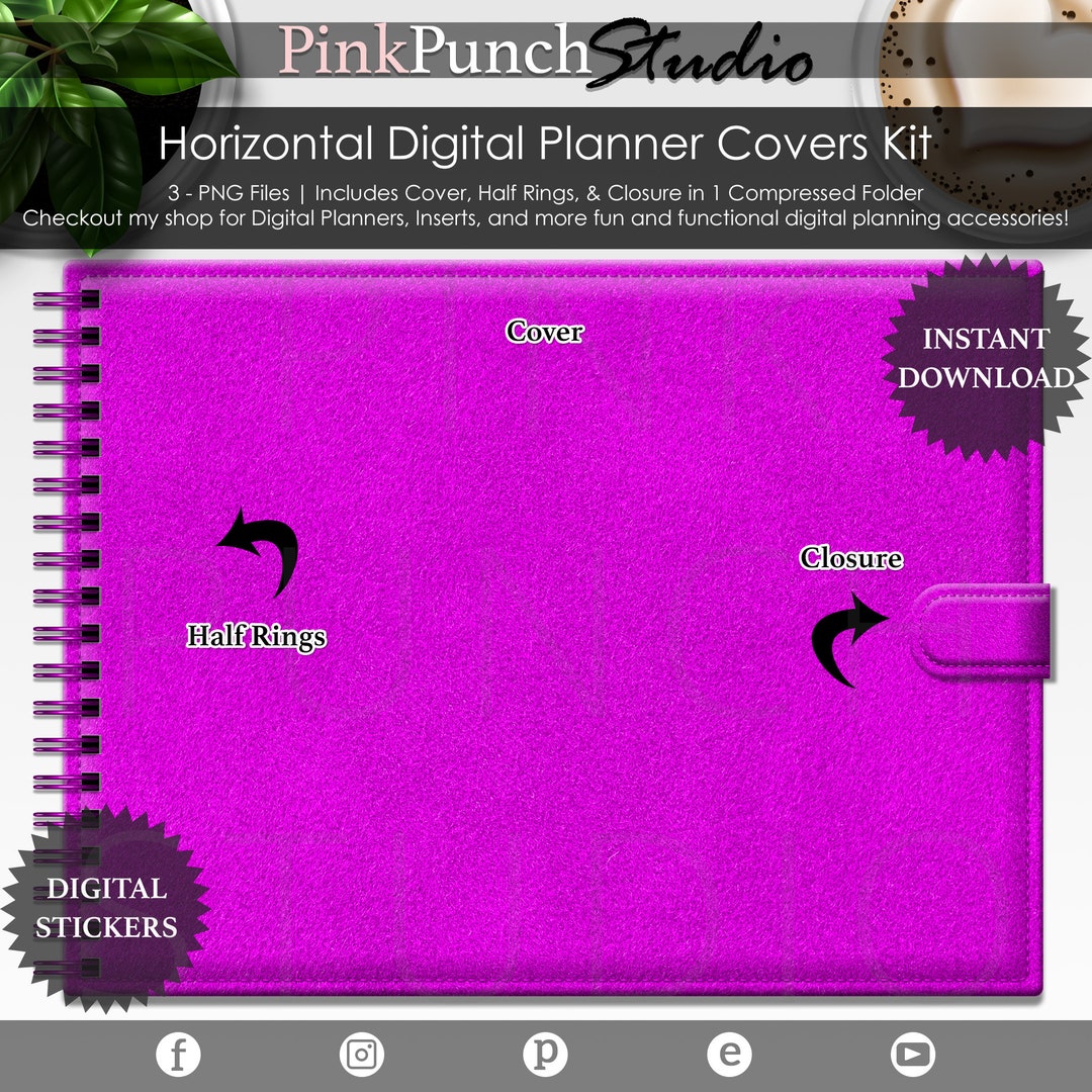 Neon Pink Horizontal Digital Planner Cover Kit Silver Spiral Rings PNG ...