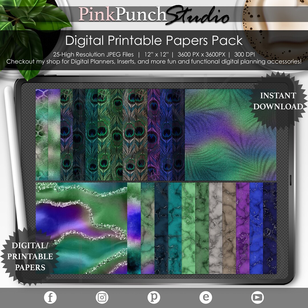Posh Peacock Papers Pack JPEG Digital Planner Scrapbooking Clipart ...