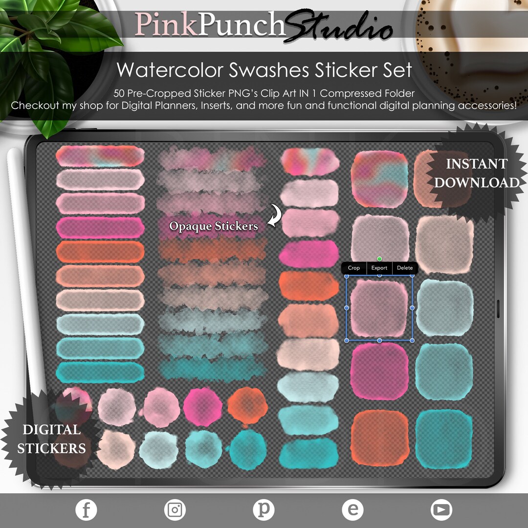 Flamingo Fever Teal Pink Watercolor Swashes Sticker Kit Clipart PNG ...