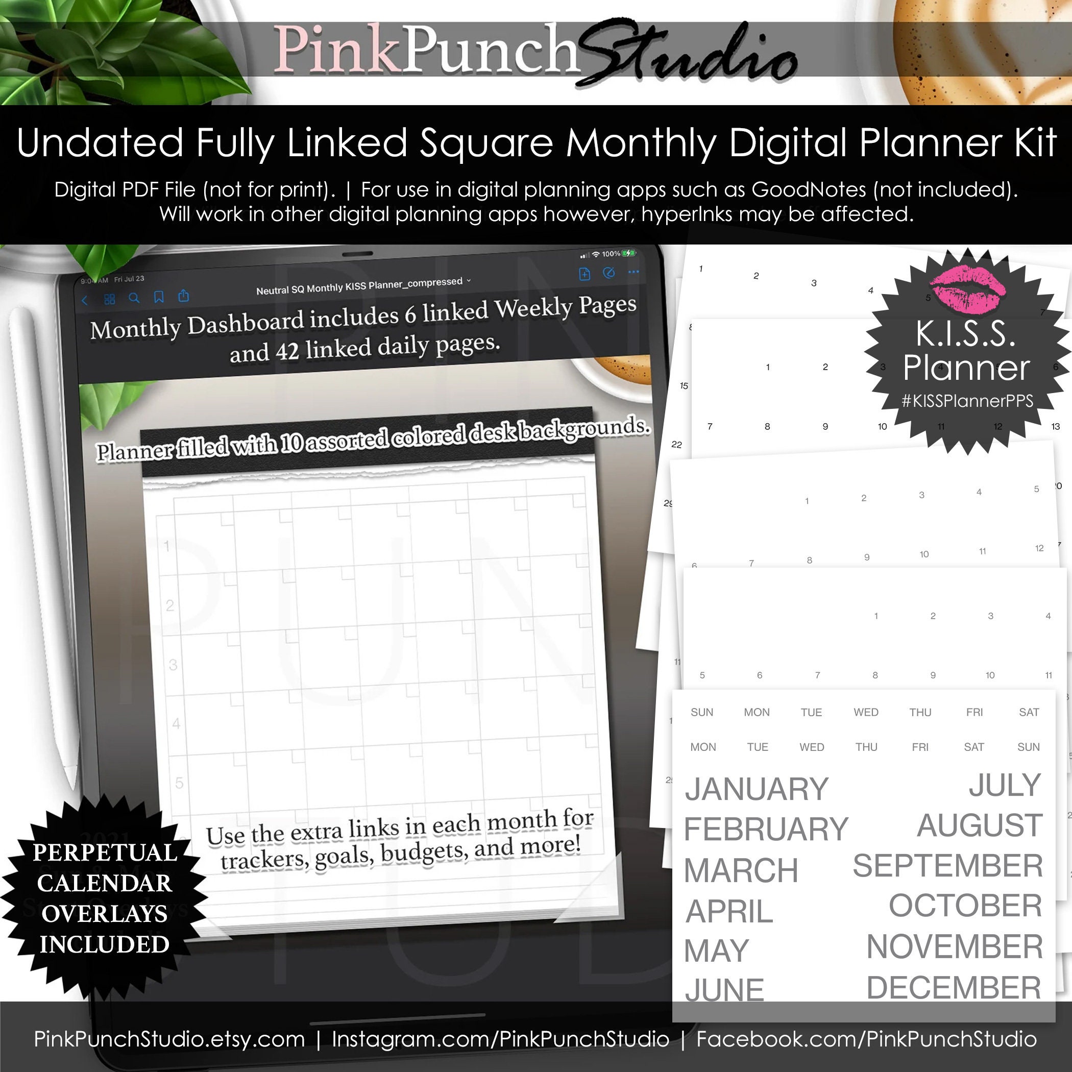 Neutral Square Monthly KISS Planner PPS Undated Digital - Etsy