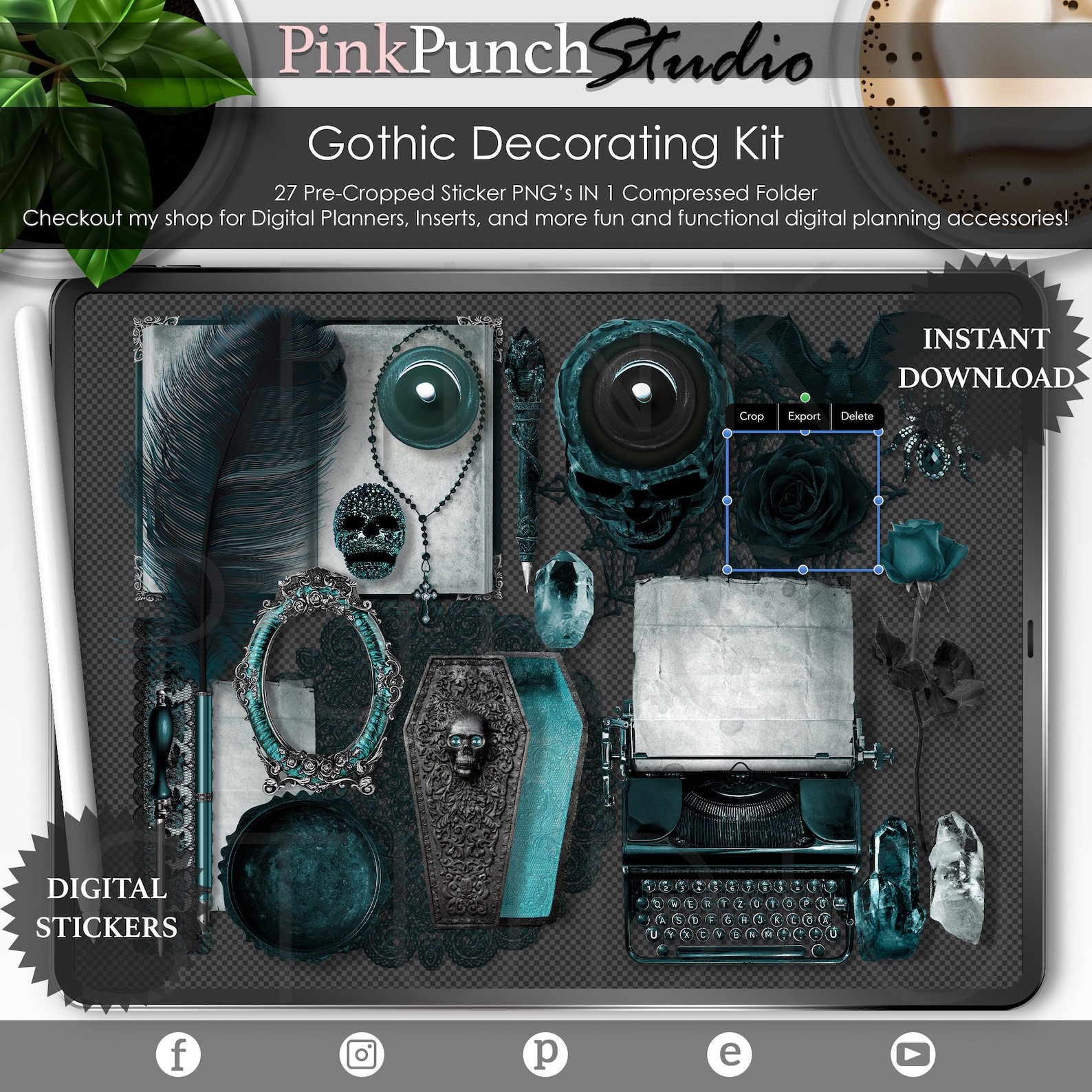 Teal Gothic Decor Kit Digital Planning PNG Stickers - Etsy