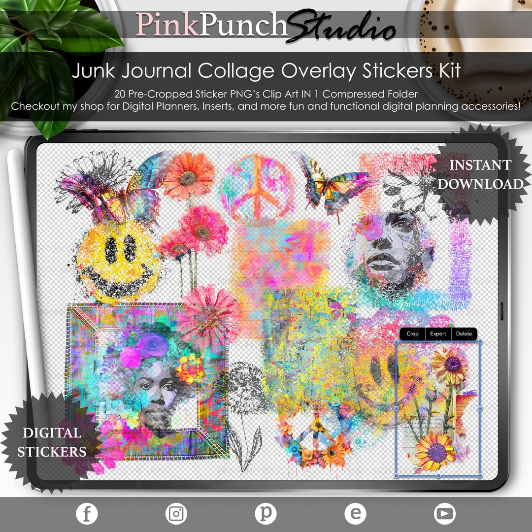 Retro Hippie Junk Journal Stickers: Flower Power Collage (digital PNG ...