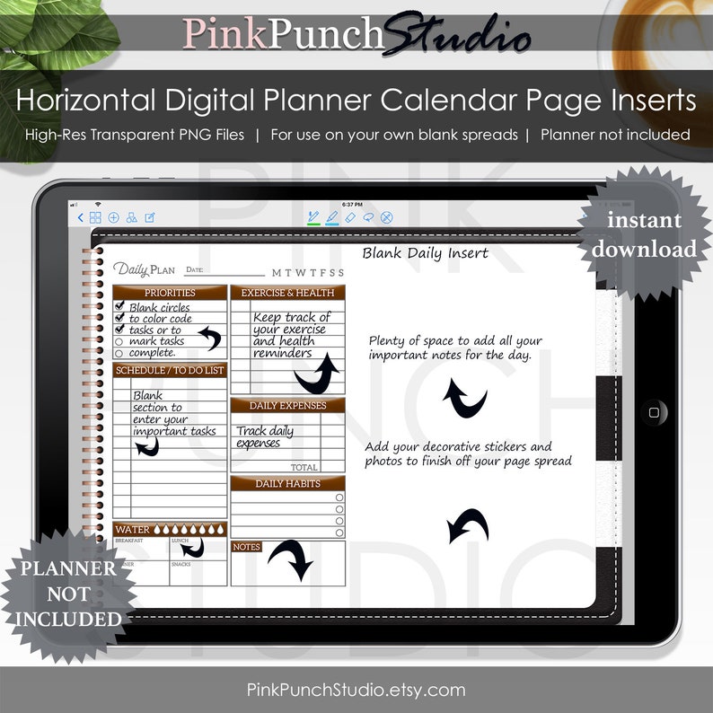 Horizontal Digital Planner Calendar Page Inserts Transparent | Etsy