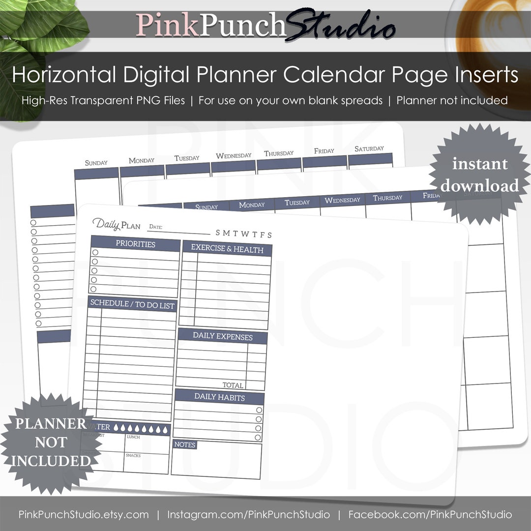 Horizontal Digital Planner Calendar Page Inserts Transparent PNG Build ...