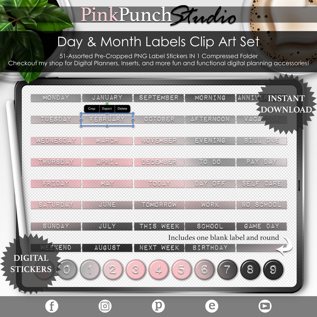Girl Boss Pink & Grey Day Month Label Stickers: Digital Planner Clipart ...