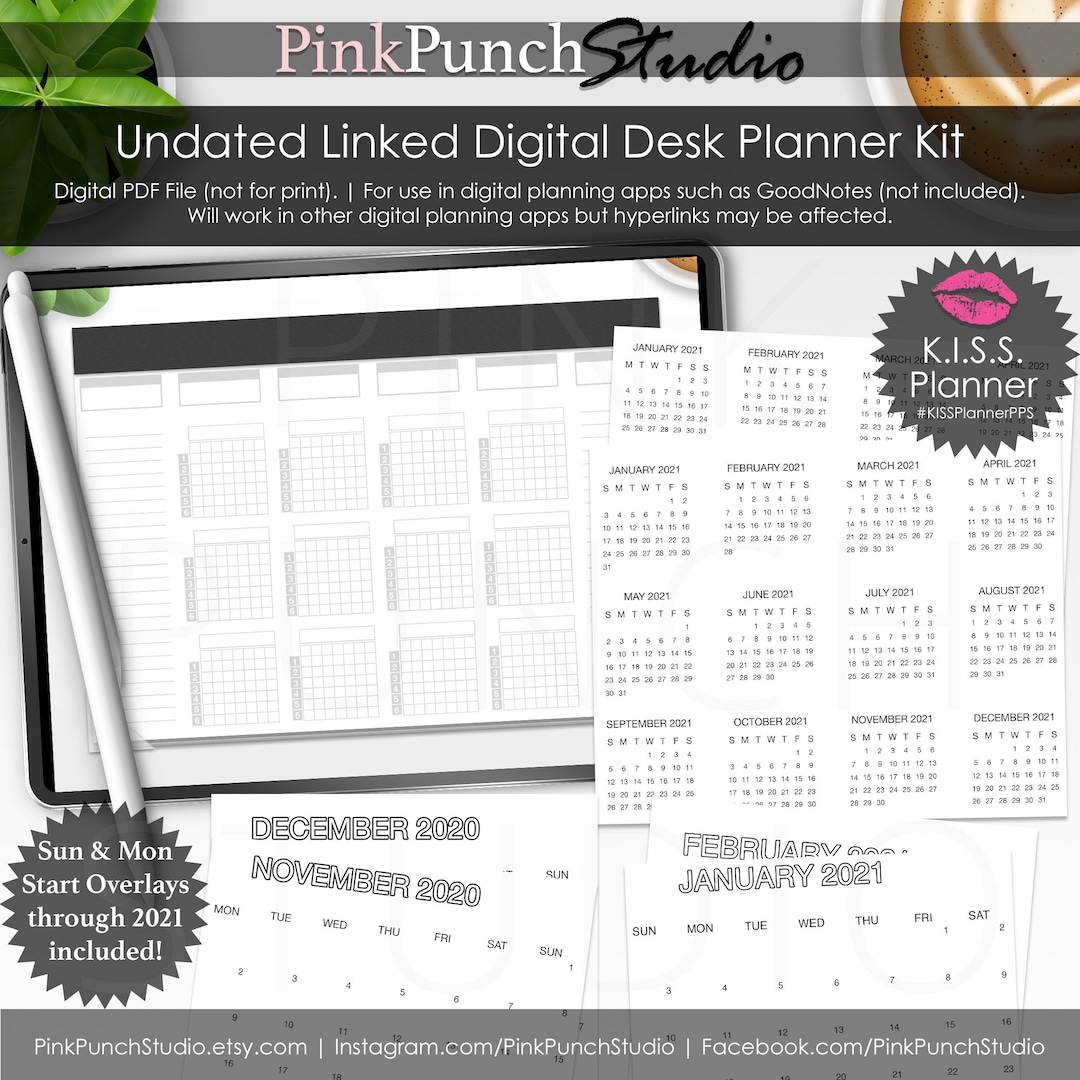 White Undated Yearly Horizontal KISS Planner PPS Digital Desk Calendar ...
