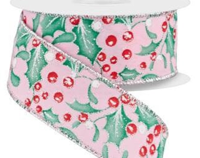 Holly Ribbon Pink Holly Berry Ribbon Mistletoe Ribbon 1.5 Inch Wired ...
