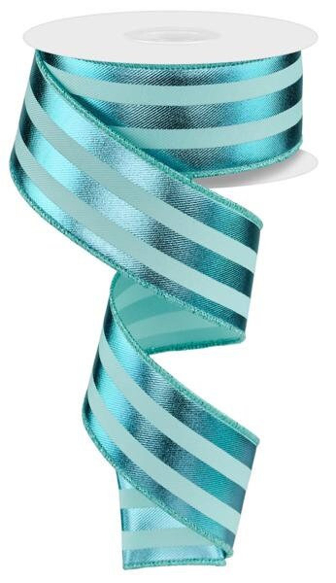 Ice Blue Striped Ribbon Blue Metallic Ribbon Turquoise Wired Ribbon 1.5 ...