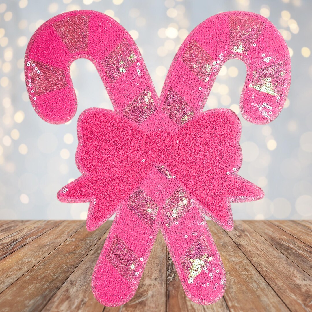Pink Candy Cane Patch Iron on Patch Large Pink Candy Chenille Sequin Patch Christmas Iron on ...