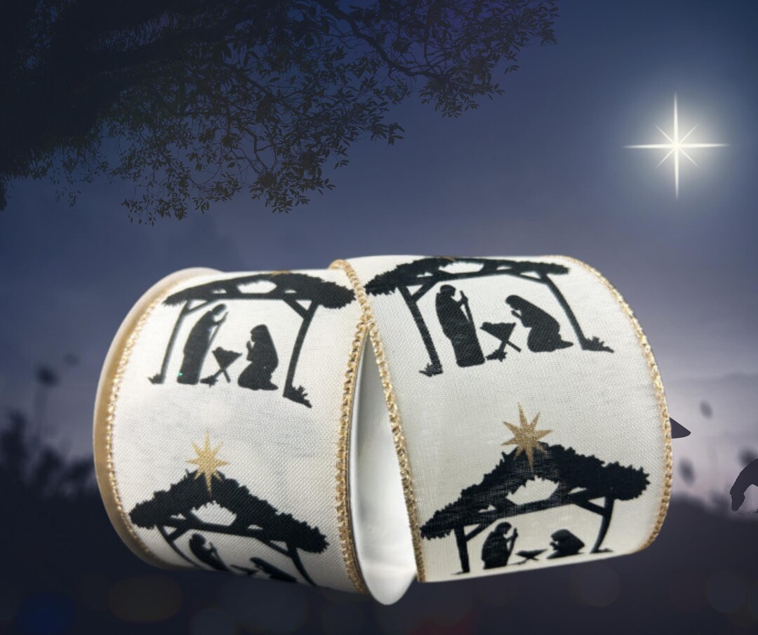 Nativity Ribbon Christmas Ribbon Manger Black Gold Nativity Ribon 10 ...