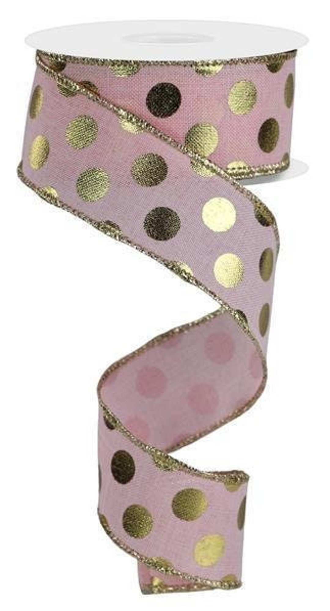 Pink Gold Dot Ribbon Pale Pink Gold Polka Dot Ribbon 1.5 Inch Wired ...