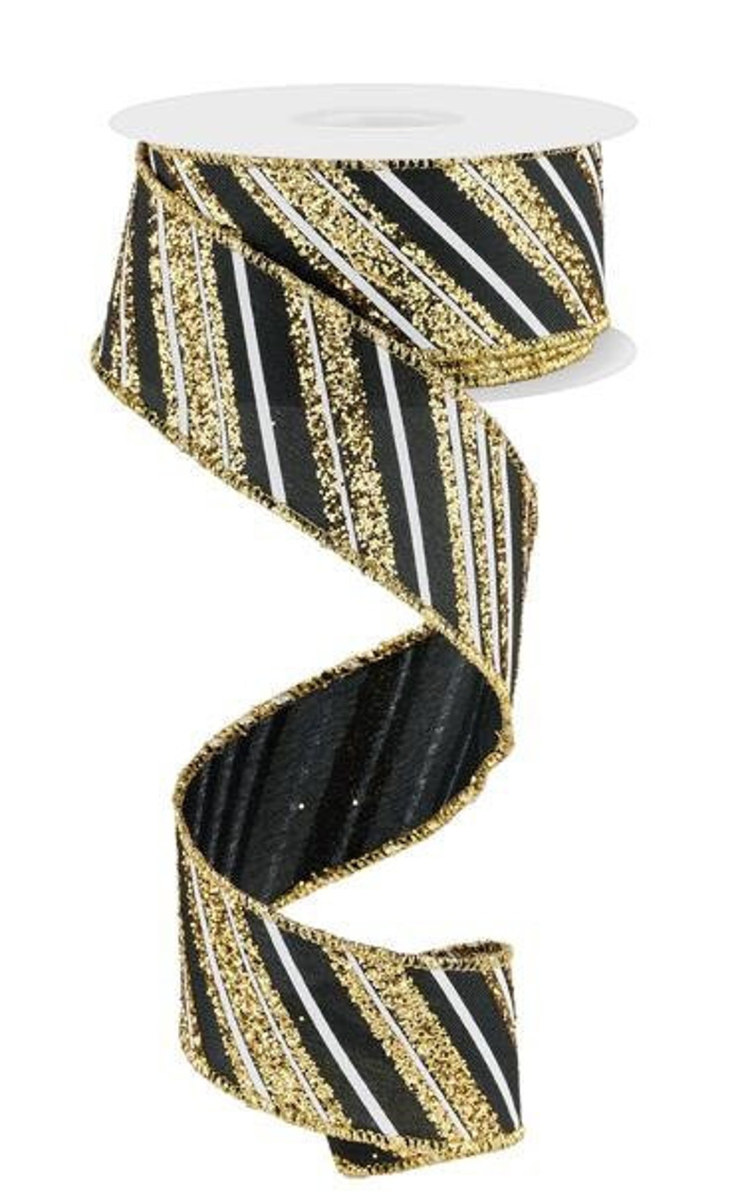 Black Gold Glitter Ribbon Black Gold Diagonal Lines Ribbon Wired 1.5 ...