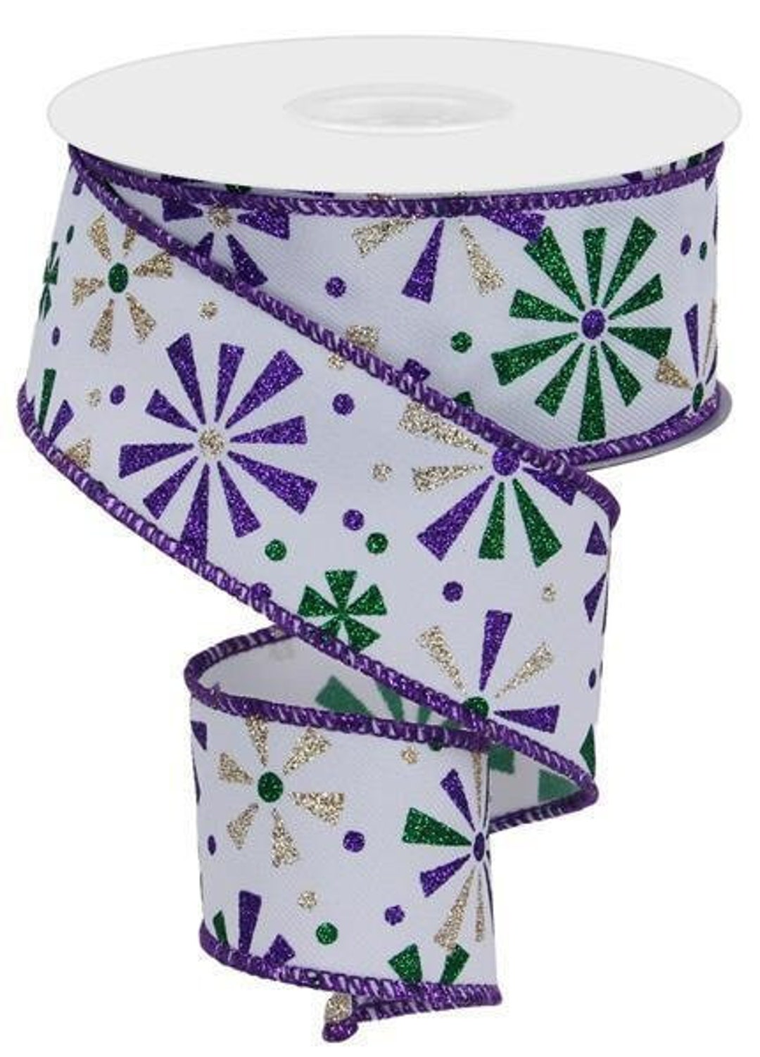 Mardi Gras Ribbon Pinwheel Ribbon White Purple Green Ribbon 1.5 Inch ...