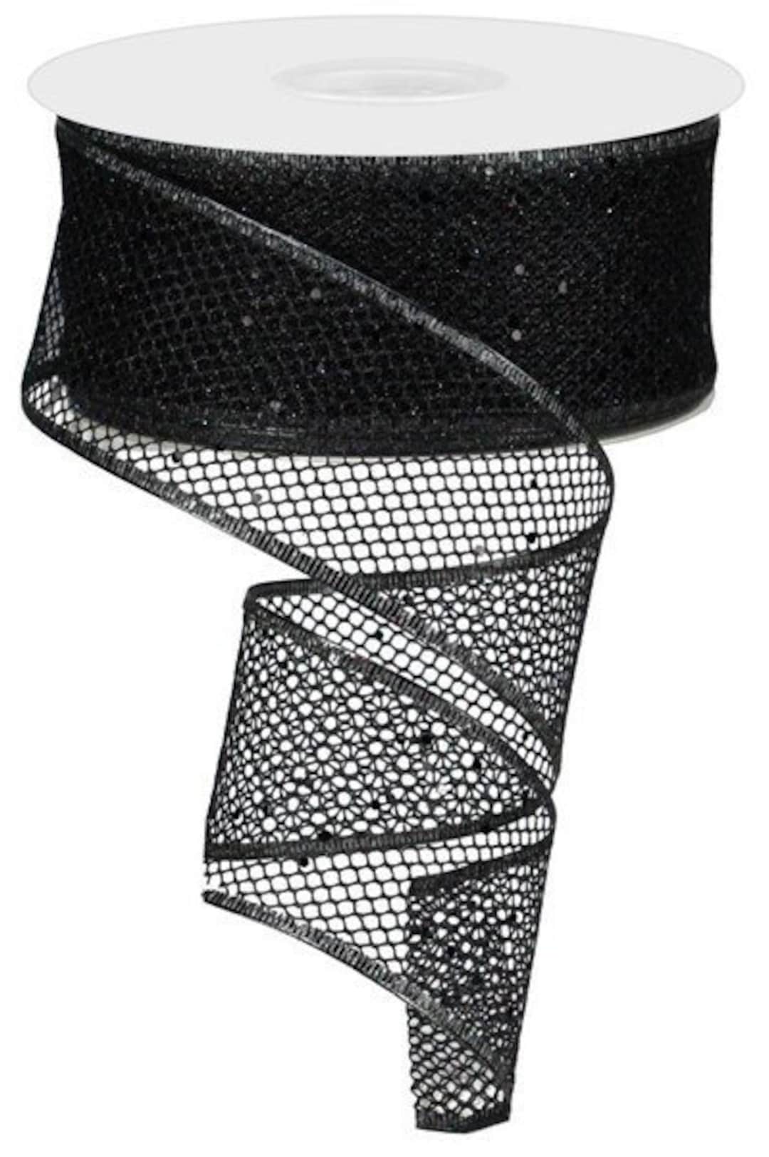 Black Glitter Mesh Ribbon Black Sparkle Ribbon Wired 2.5 Inch Wired ...