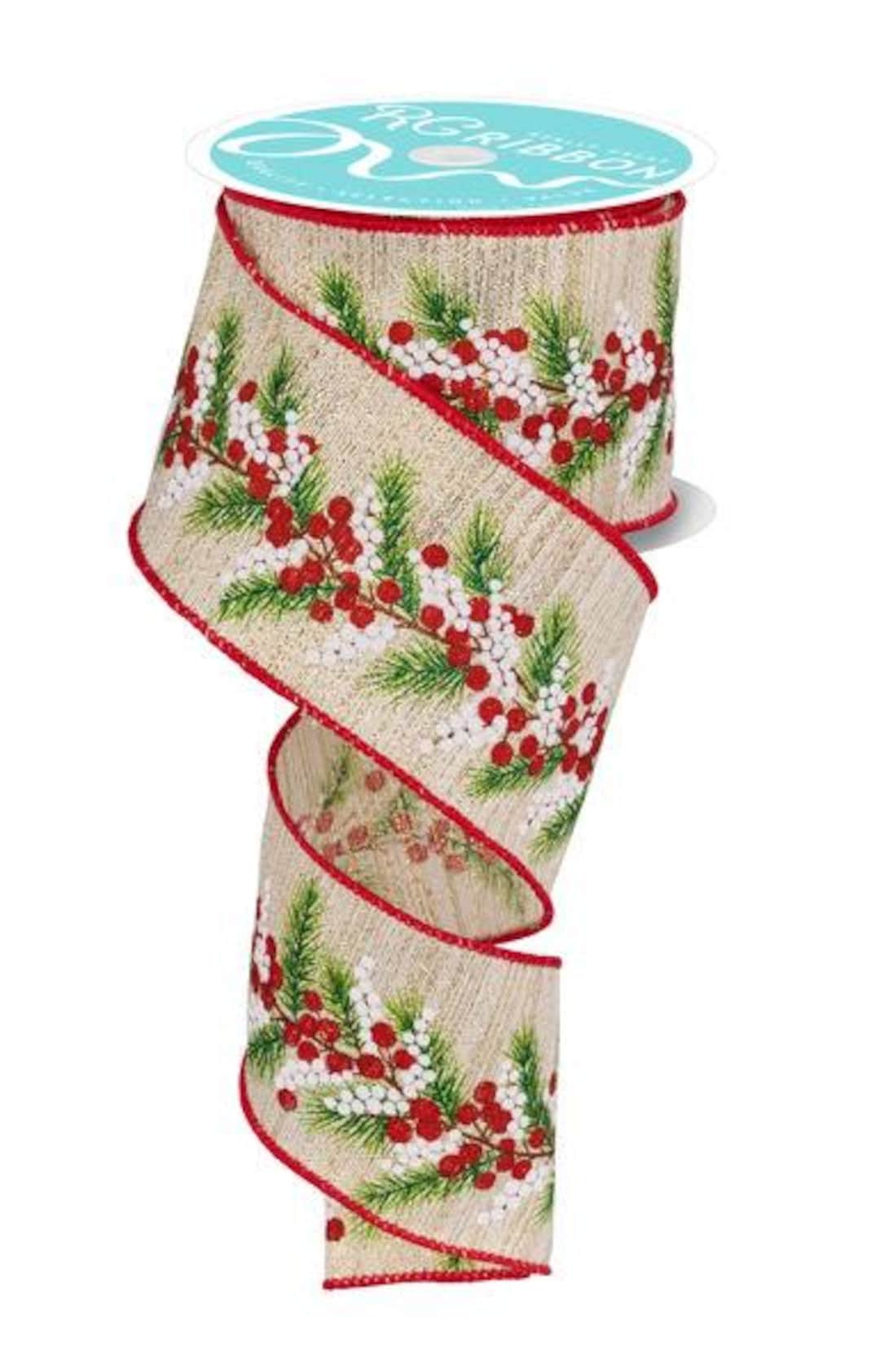 Red Berries Ribbon Pine Berry Ribbon Chritsmas Wreath Wired Ribbon 2.5 ...