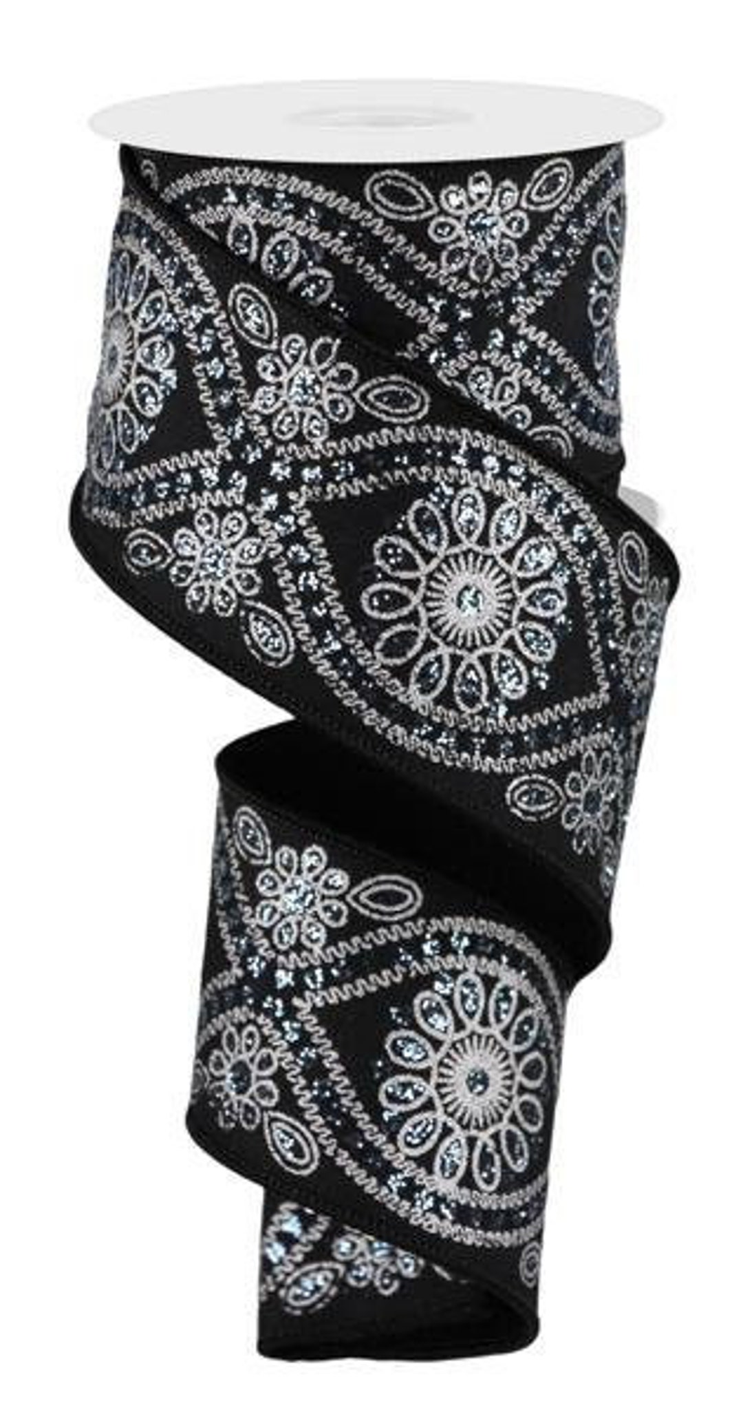Black Silver Ribbon Black Silver Light Blue Wavy Floral Ribbon Metallic ...