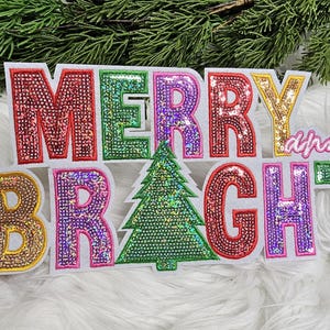 Merry and Bright Chenille Patch Christmas Sequin Iron on Patch Christmas Patch - Etsy