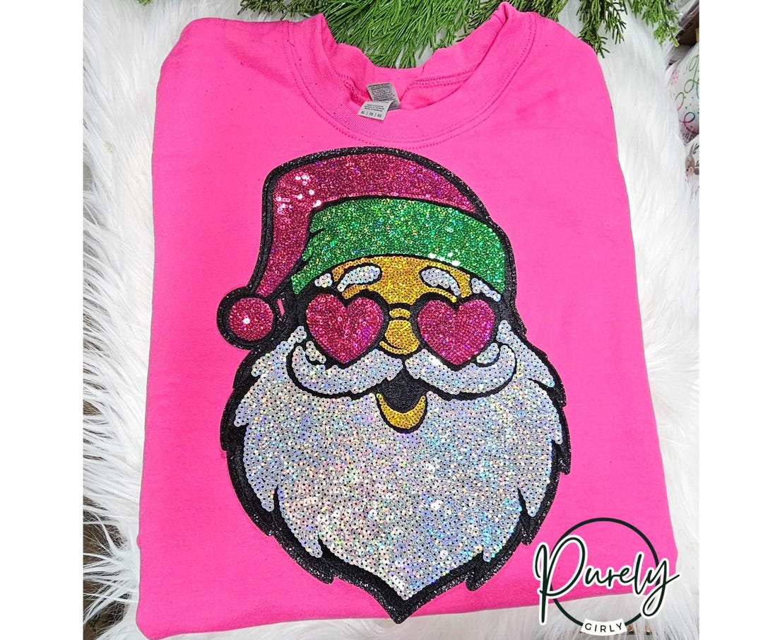 Santa Sequin Patch Santa Sunglasses Iron on Patch Large Pink Santa ...