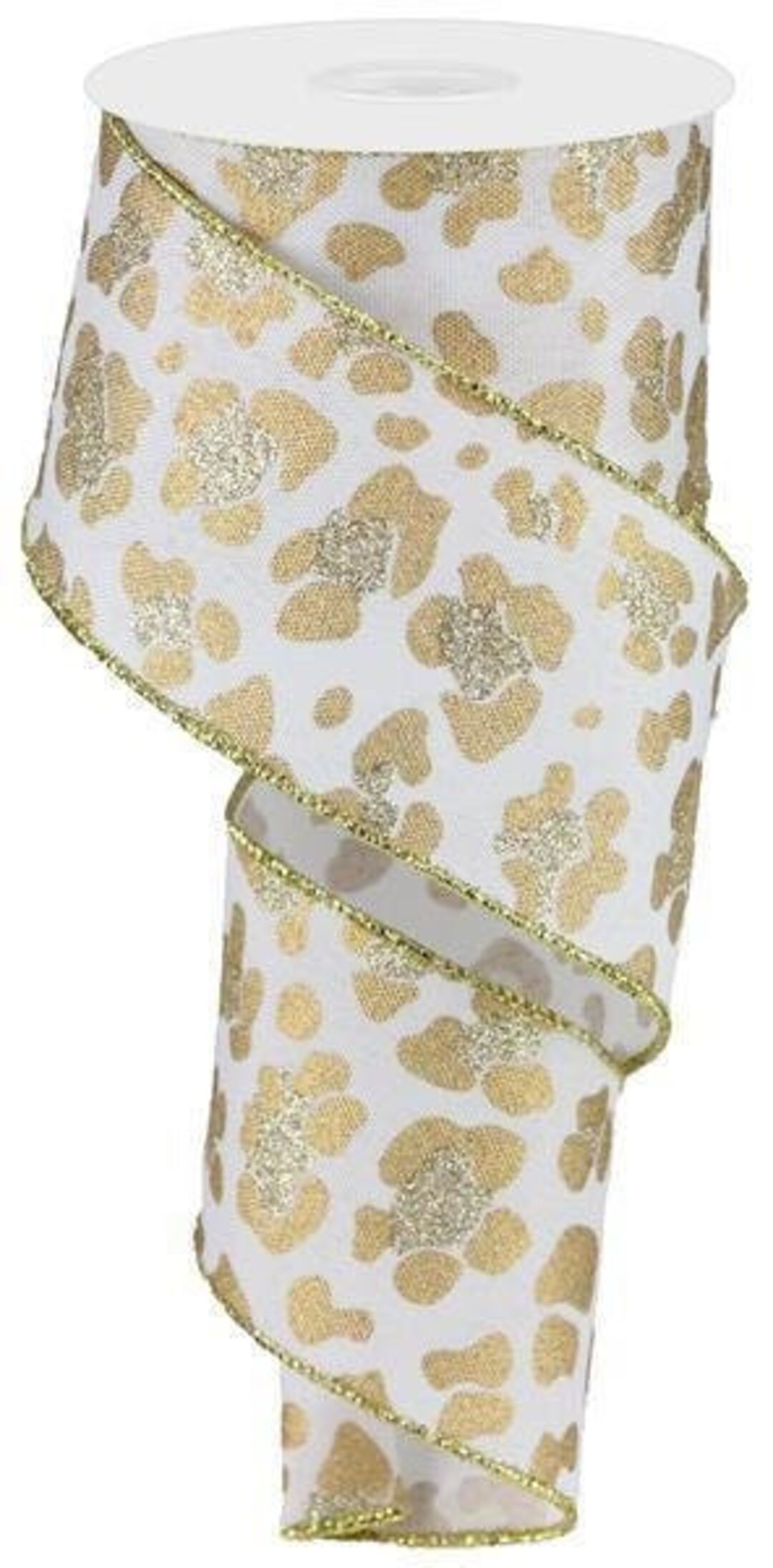 White Gold Leopard Ribbon Gold Animal Print Ribbon 2.5 Inch Wired ...