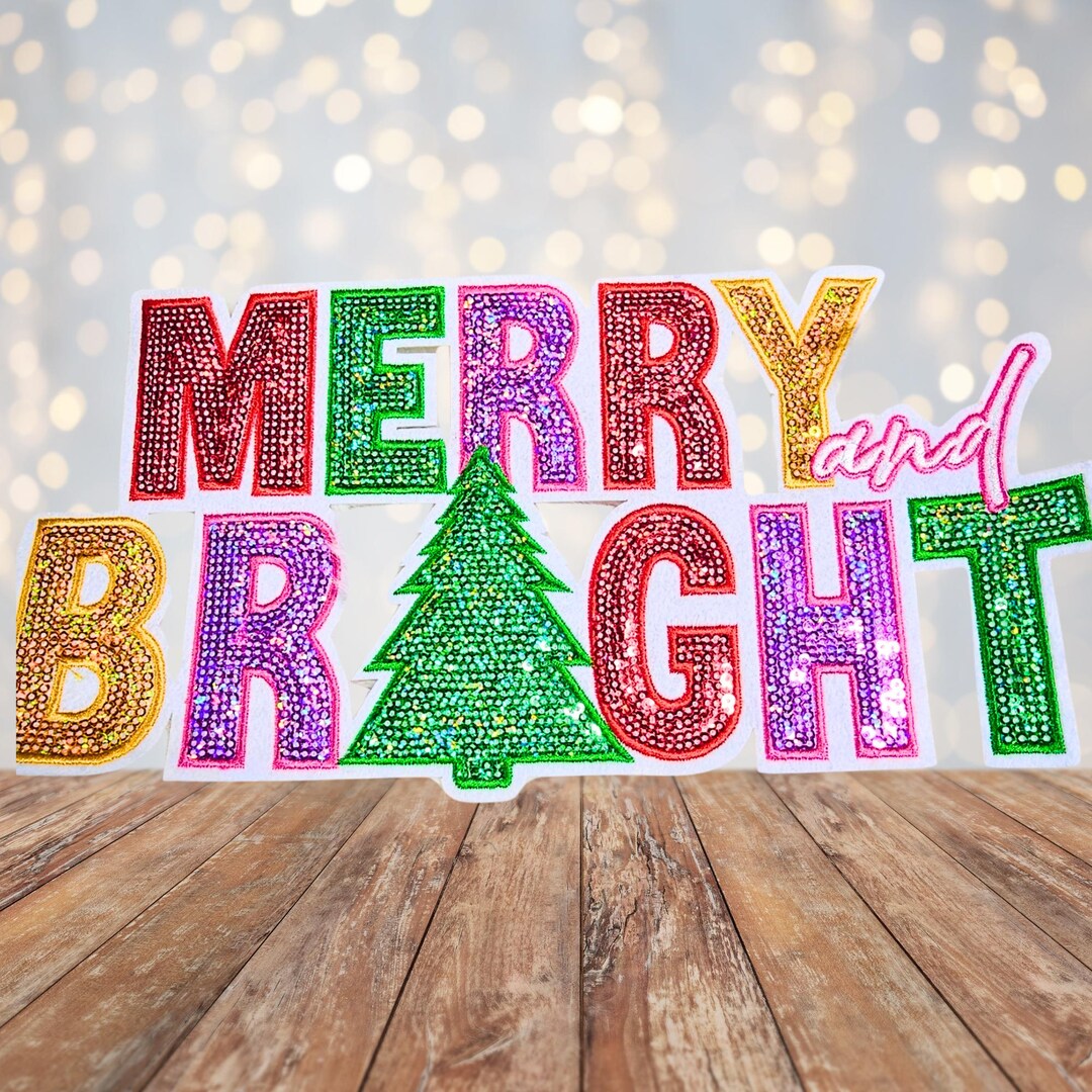 Merry and Bright Chenille Patch Christmas Sequin Iron on Patch Christmas Patch - Etsy