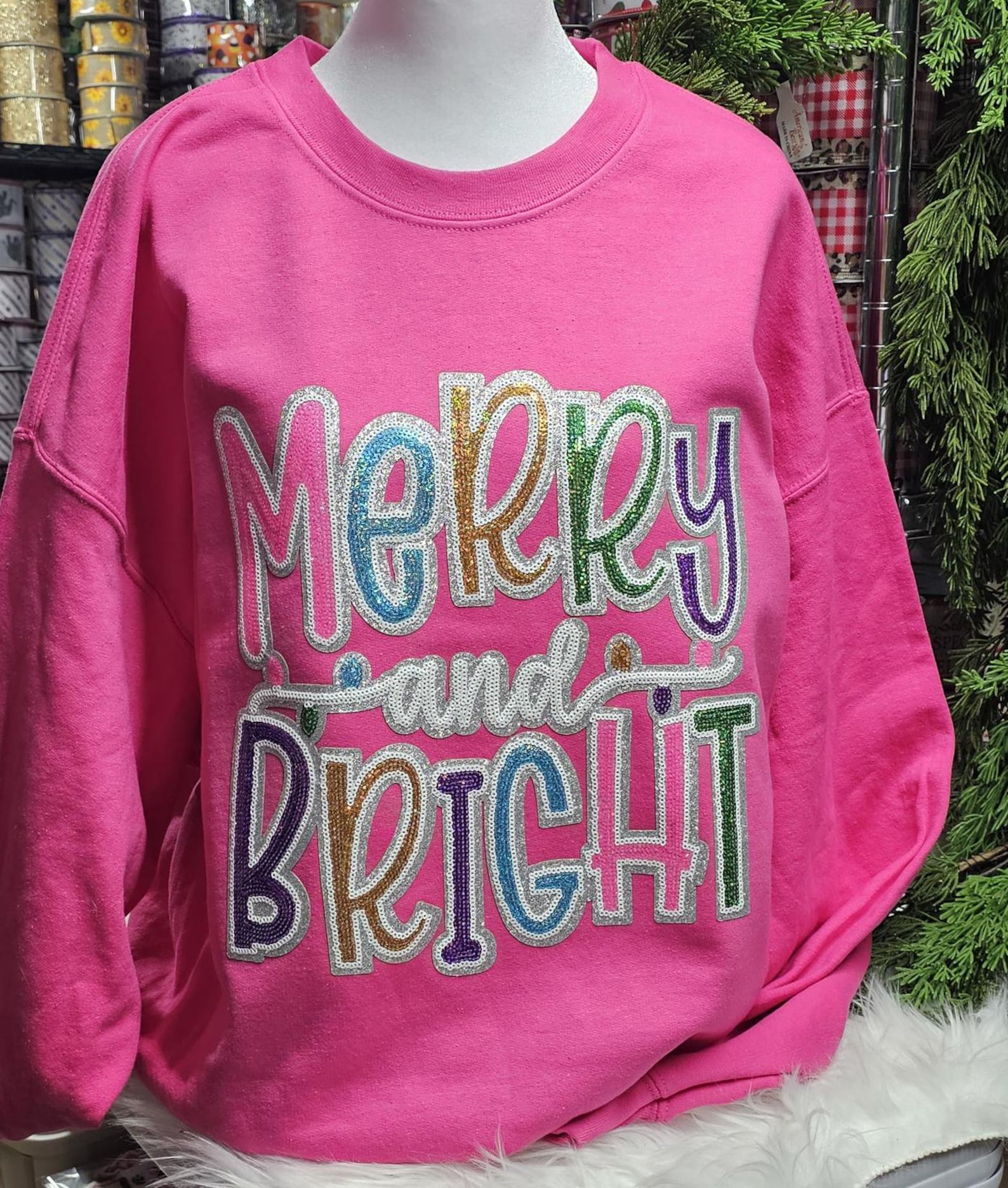 Merry and Bright Sequin Patch Christmas Pink Iron on Patch Christmas ...