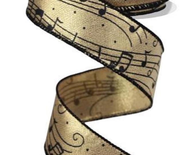 Music Note Ribbon Gold Black Music Ribbon 1.5 Inch Wired Ribbon - Etsy