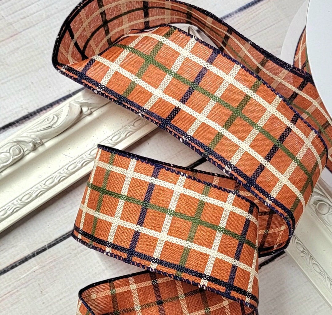 Orange Plaid Ribbon Fall Ribbon Rust Navy Moss Fall Wired Ribbon Wreath ...