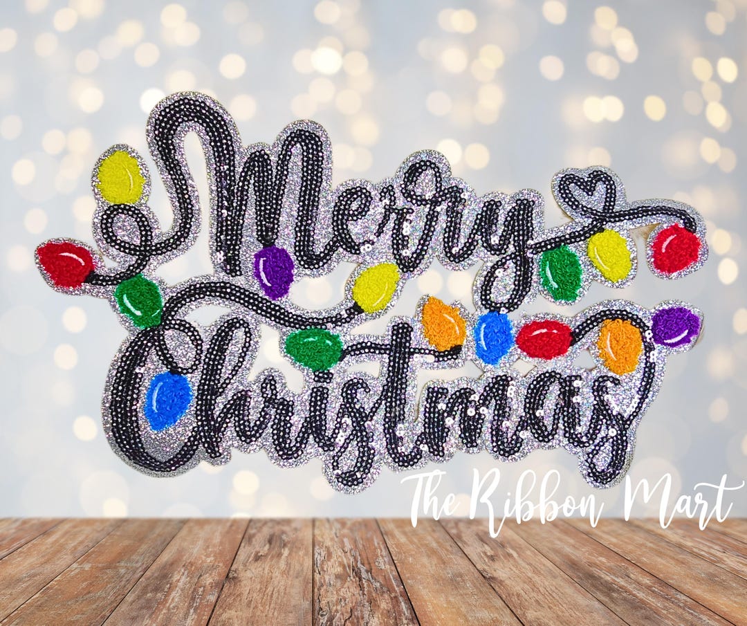 Merry Christmas Chenille Patch Iron on Patch Large Merry Christmas Lights Chenille and Sequin ...