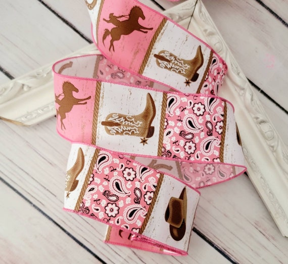 Pink Cowgirl Ribbon Western Ribbon Cowboy Ribbon White Wired - Etsy