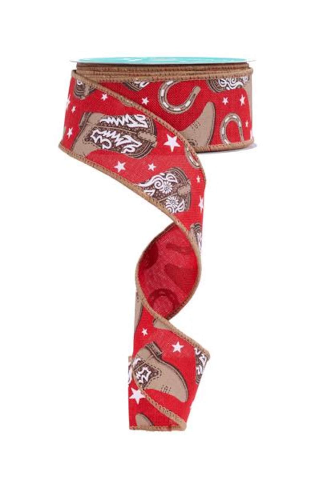 Red Cowboy Boot Ribbon Western Ribbon Cowboy Ribbon Wired Ribbon 1.5 ...