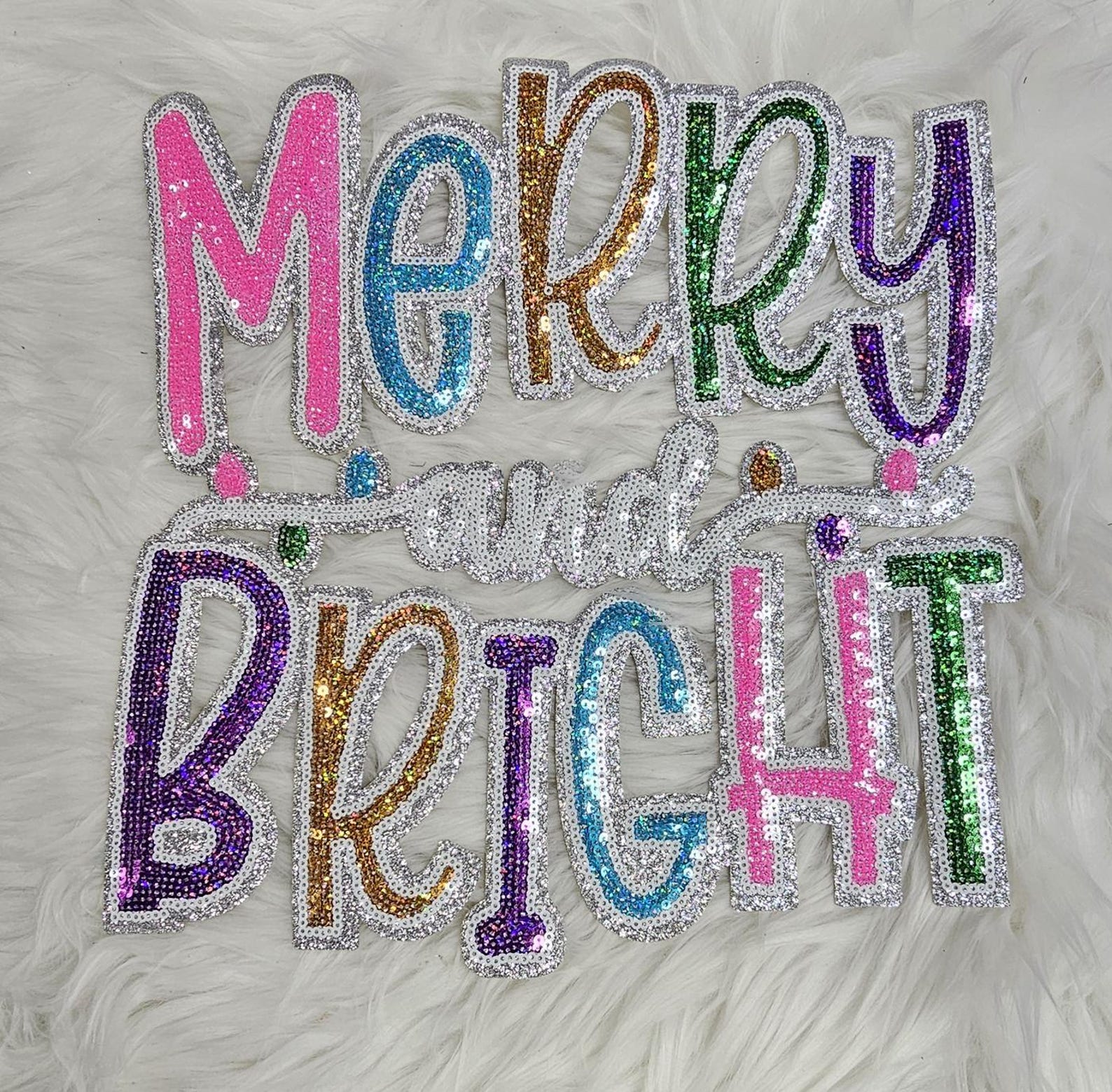 Merry and Bright Sequin Patch Christmas Pink Iron on Patch Christmas ...
