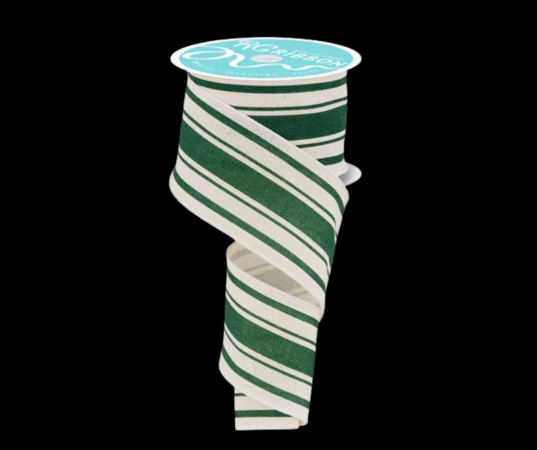 Green Stripe Ribbon Farmhouse Stripe on Cotton Ivory Hunter Green ...
