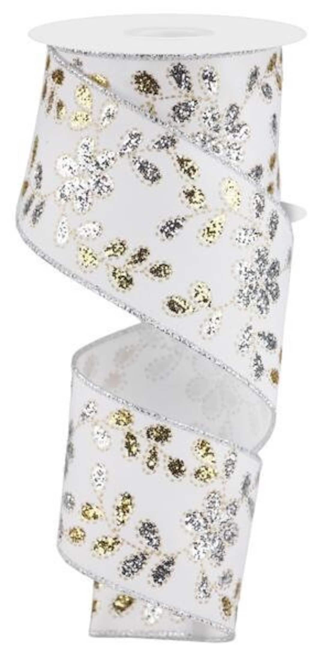 Silver Gold Ribbon Glitter Leaves Ribbon Floral Ribbon Silver White ...
