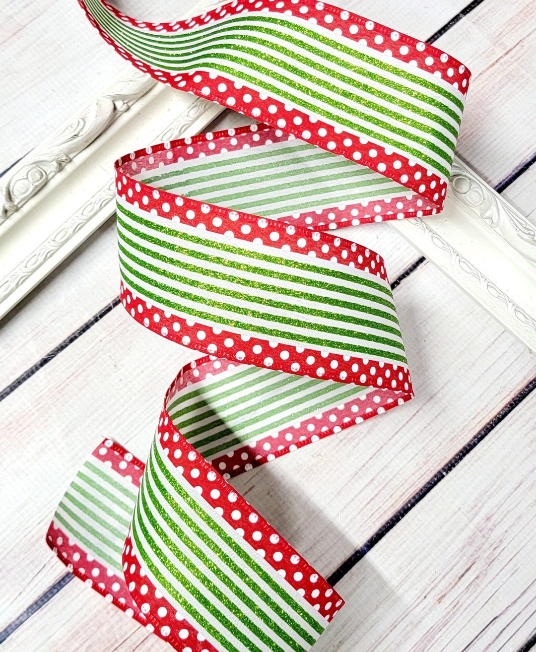 Christmas Ribbon White Lime Glitter Red Stripe Christmas Ribbon Wired ...