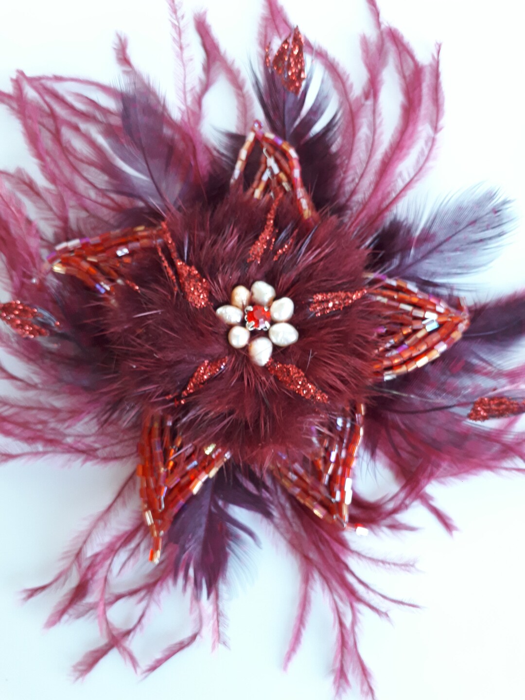 Vintage Runway Ostrich Feather Brooch, Garnet Red Pearl Beadwork Flower ...